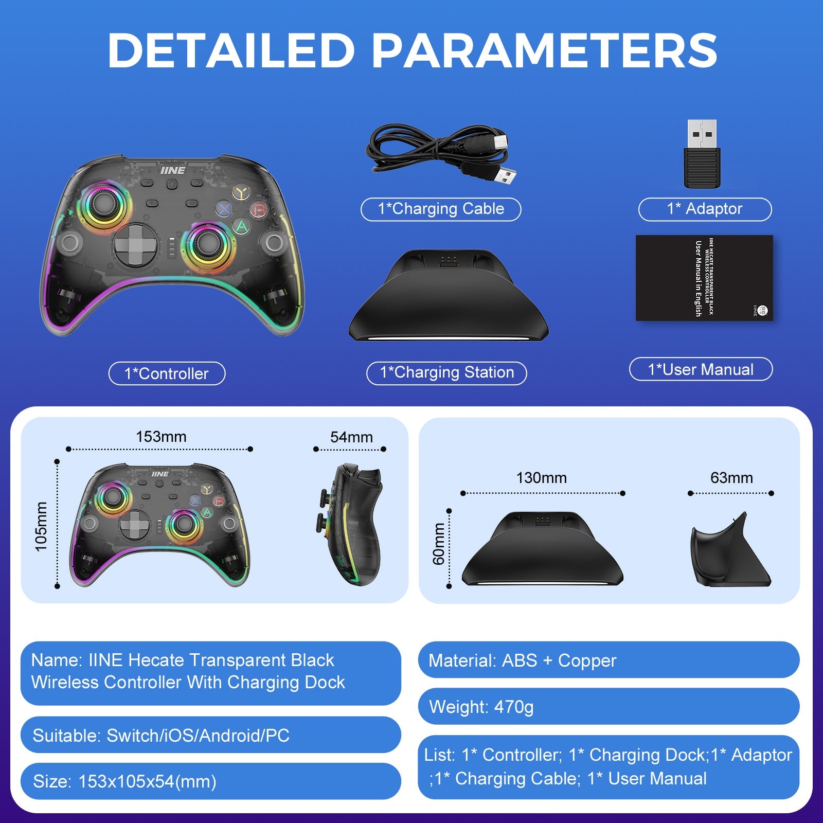 IINE Hecate Transparent Black Wireless Controller With Charging Dock (L1044)