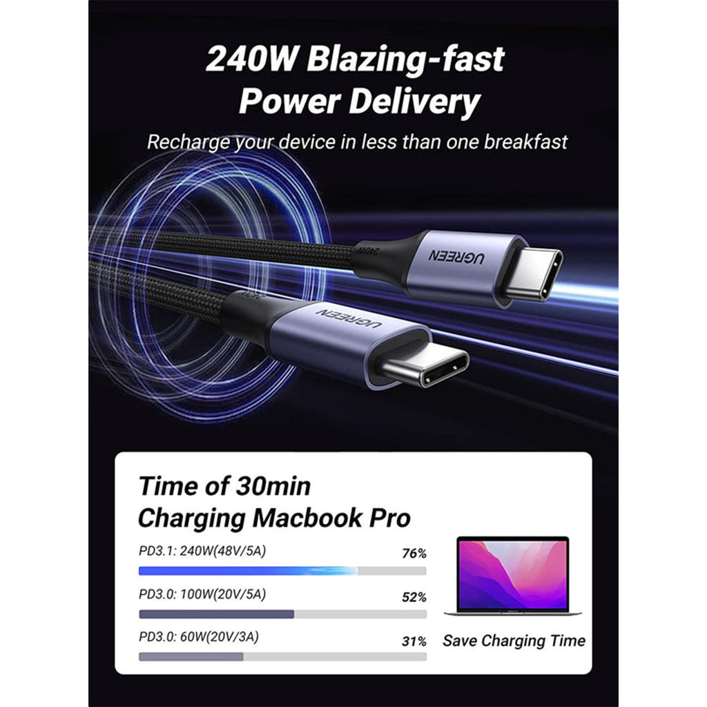 Ugreen USB-C to USB-C 240W PD Fast Charging Braided Cable - 2m (Space ...