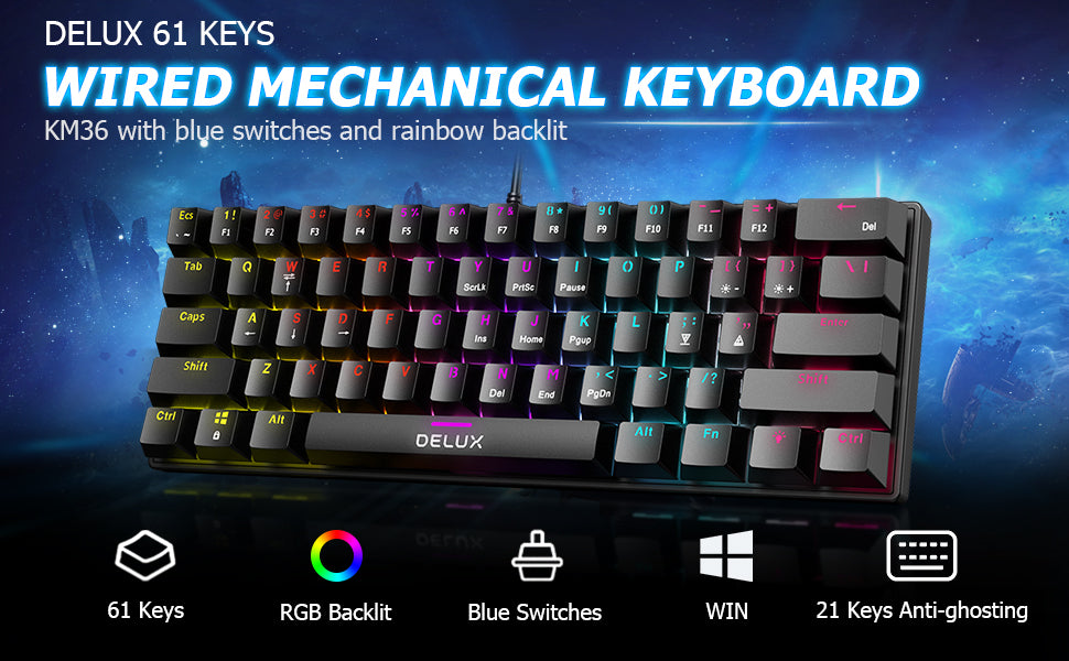 Delux KM36U 61-Keys Wired Mechanical Gaming Keyboard (Clicky Blue Switch)