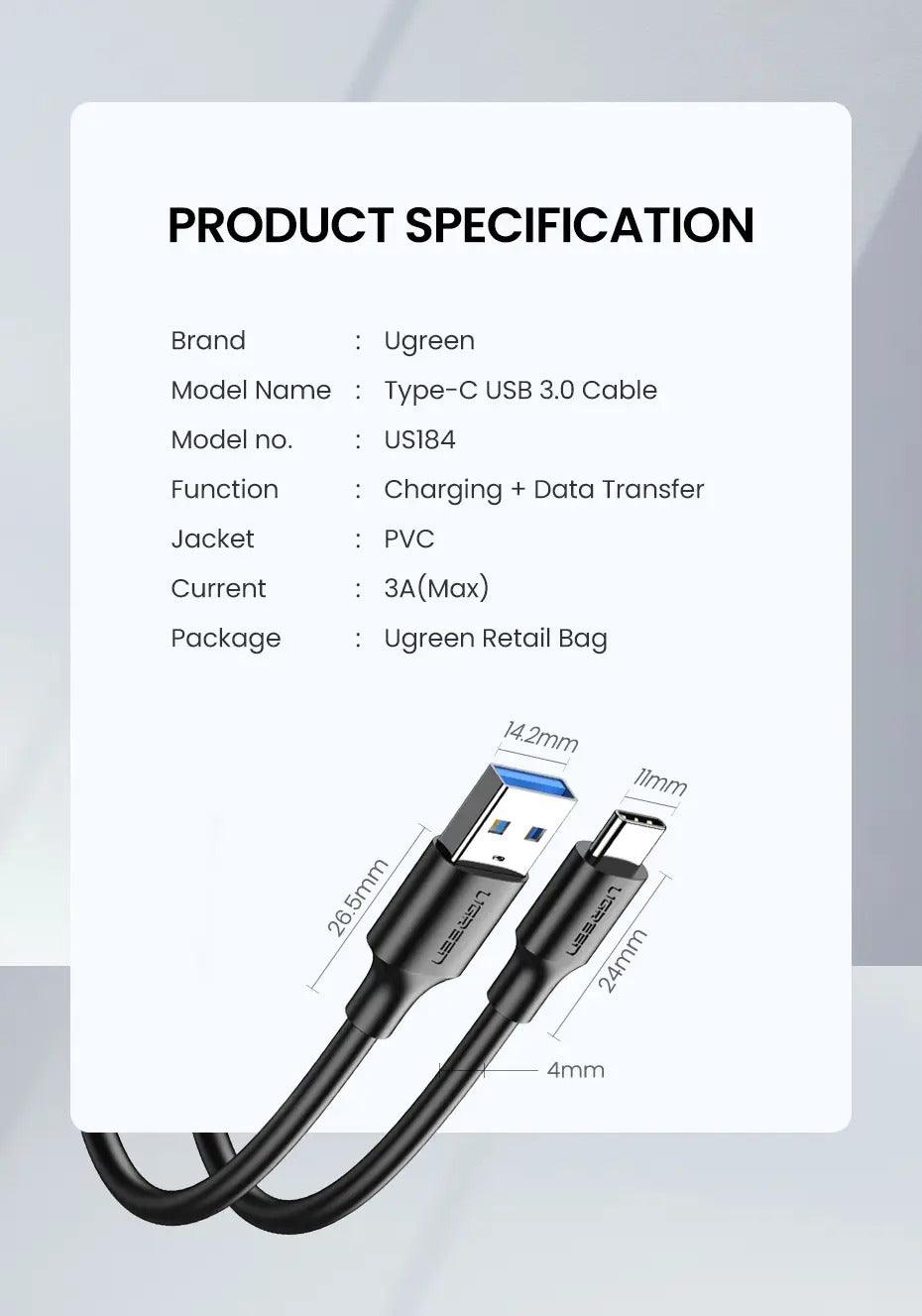 UGREEN USB 3.0 A Male To Type-C Male Cable Nickel Plating 0.5M (US184 ...